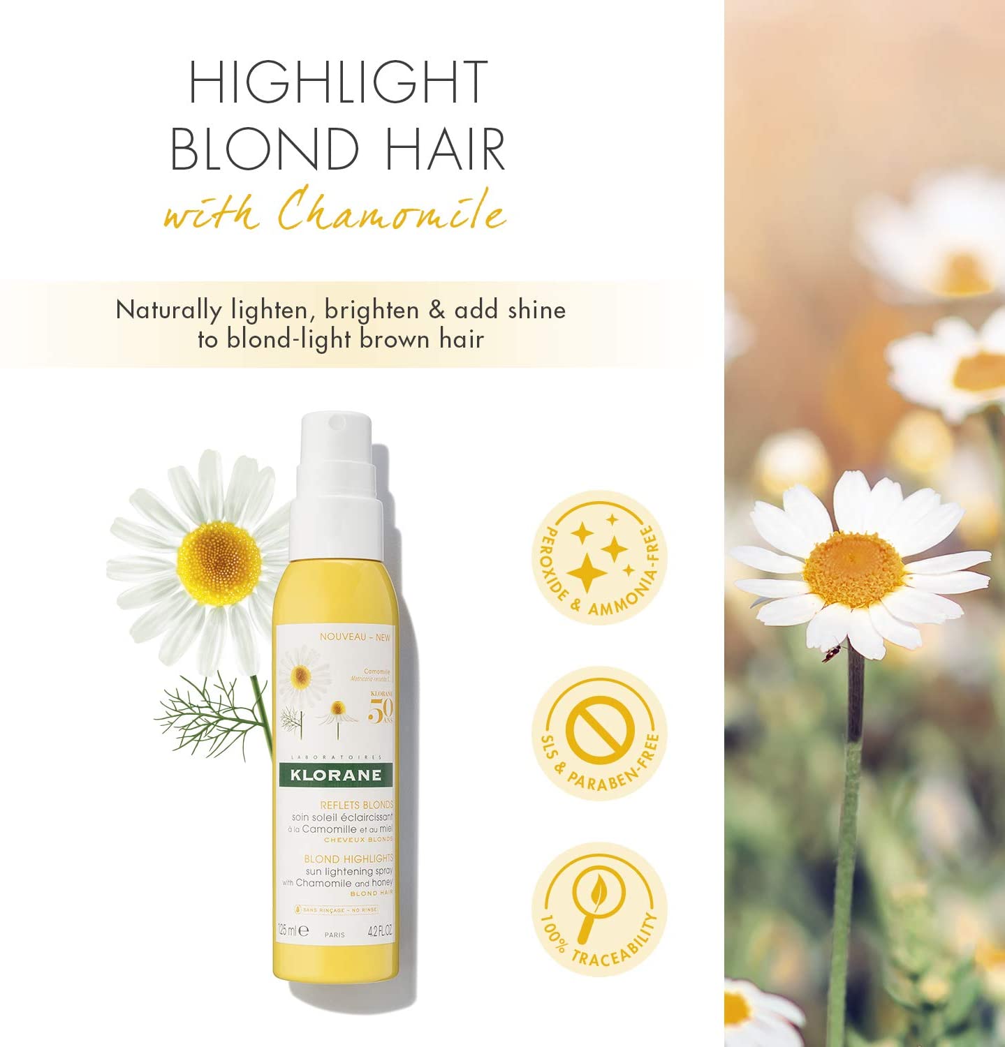 Klorane Sun Lightening Spray with Chamomile & Honey, Natural Controlled ...